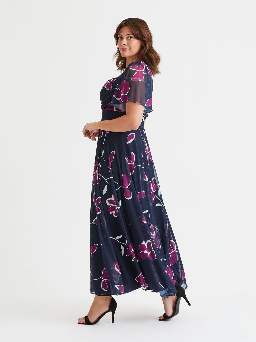 Kemi Navy Magenta Print Bolero Wrap Bodice Maxi Gown – Scarlett & Jo