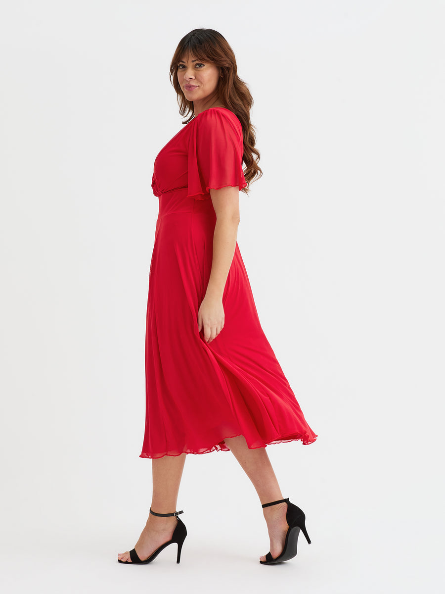 Victoria Solid Red Angel Sleeve Mesh Long Midi Dress – Scarlett & Jo