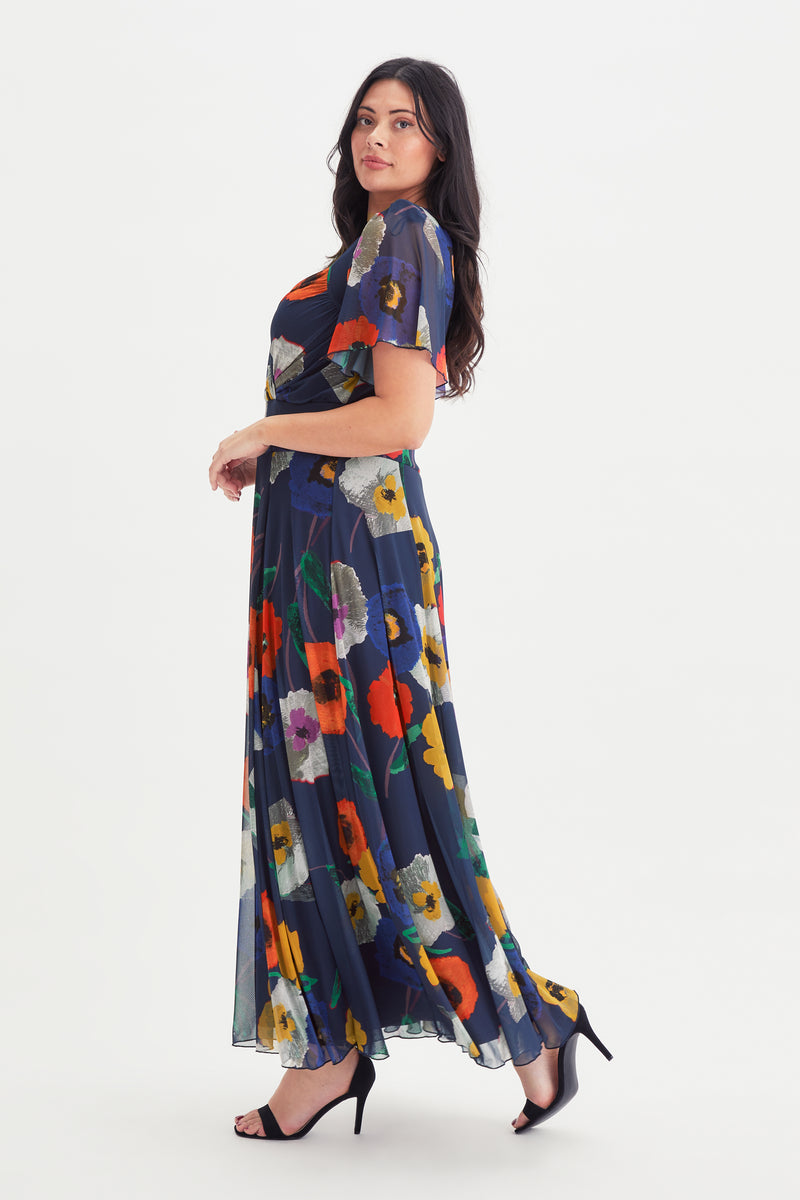 Kemi Navy Poppy Print Bolero Wrap Bodice Maxi Gown – Scarlett & Jo