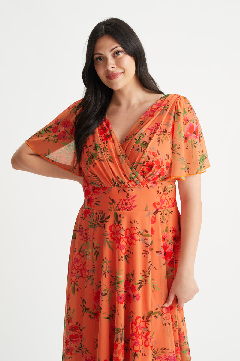 Victoria Orange Floral Angel Sleeve Mesh Midi Dress – Scarlett & Jo
