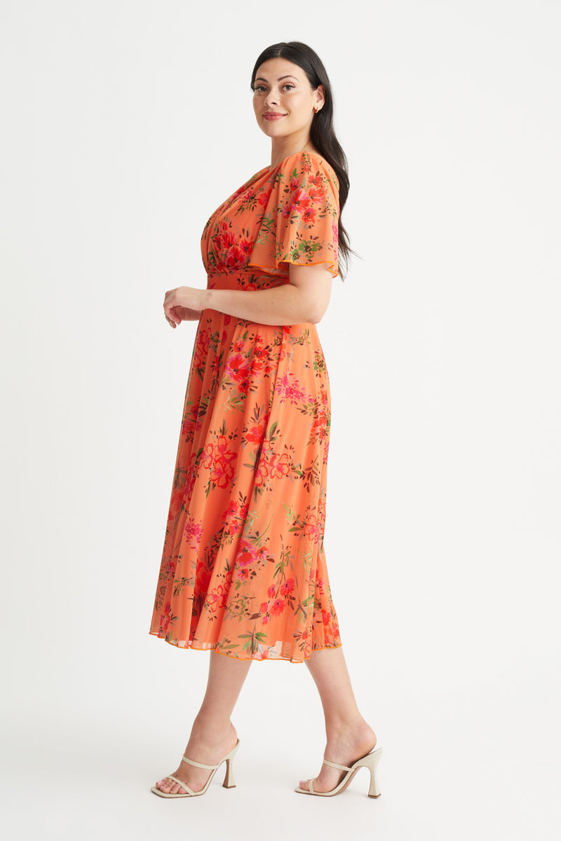 Victoria Orange Floral Angel Sleeve Mesh Midi Dress – Scarlett & Jo