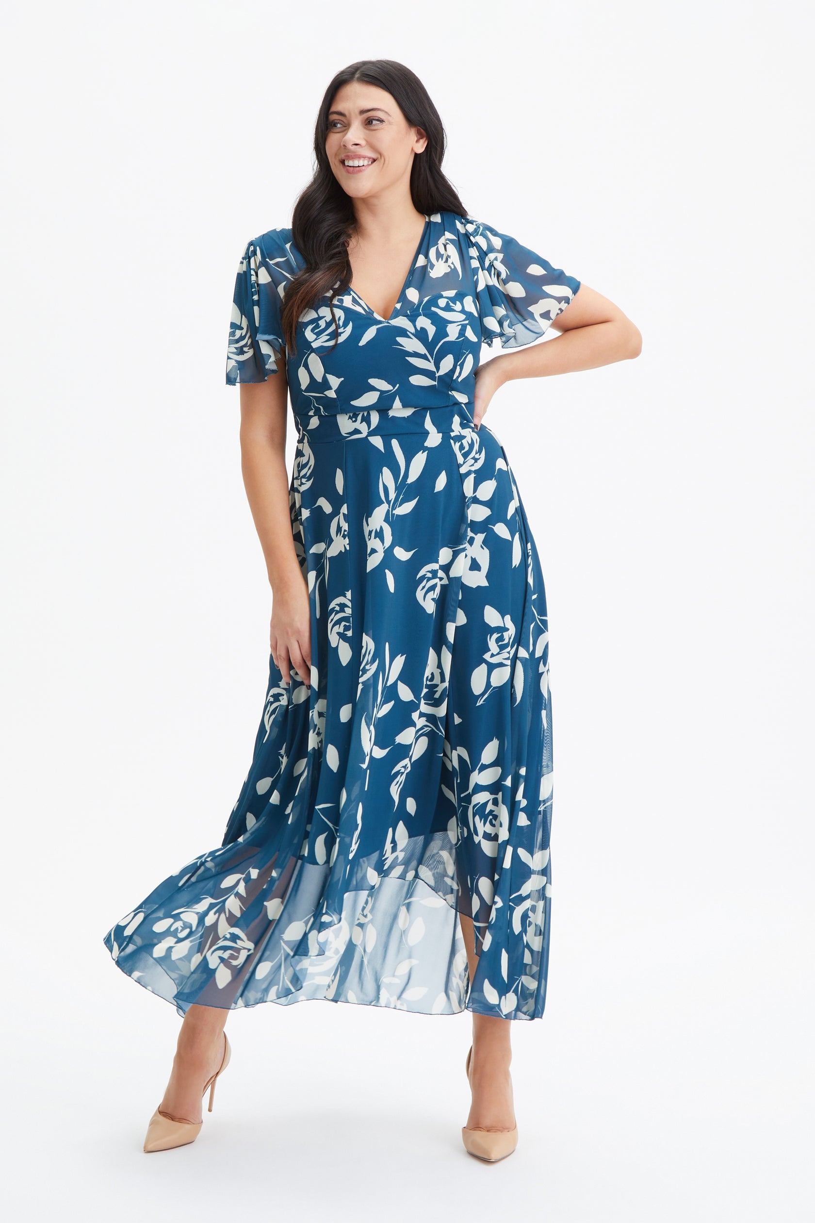 Tilly Teal Ivory Print Angel Sleeve Sweetheart Dress – Scarlett & Jo
