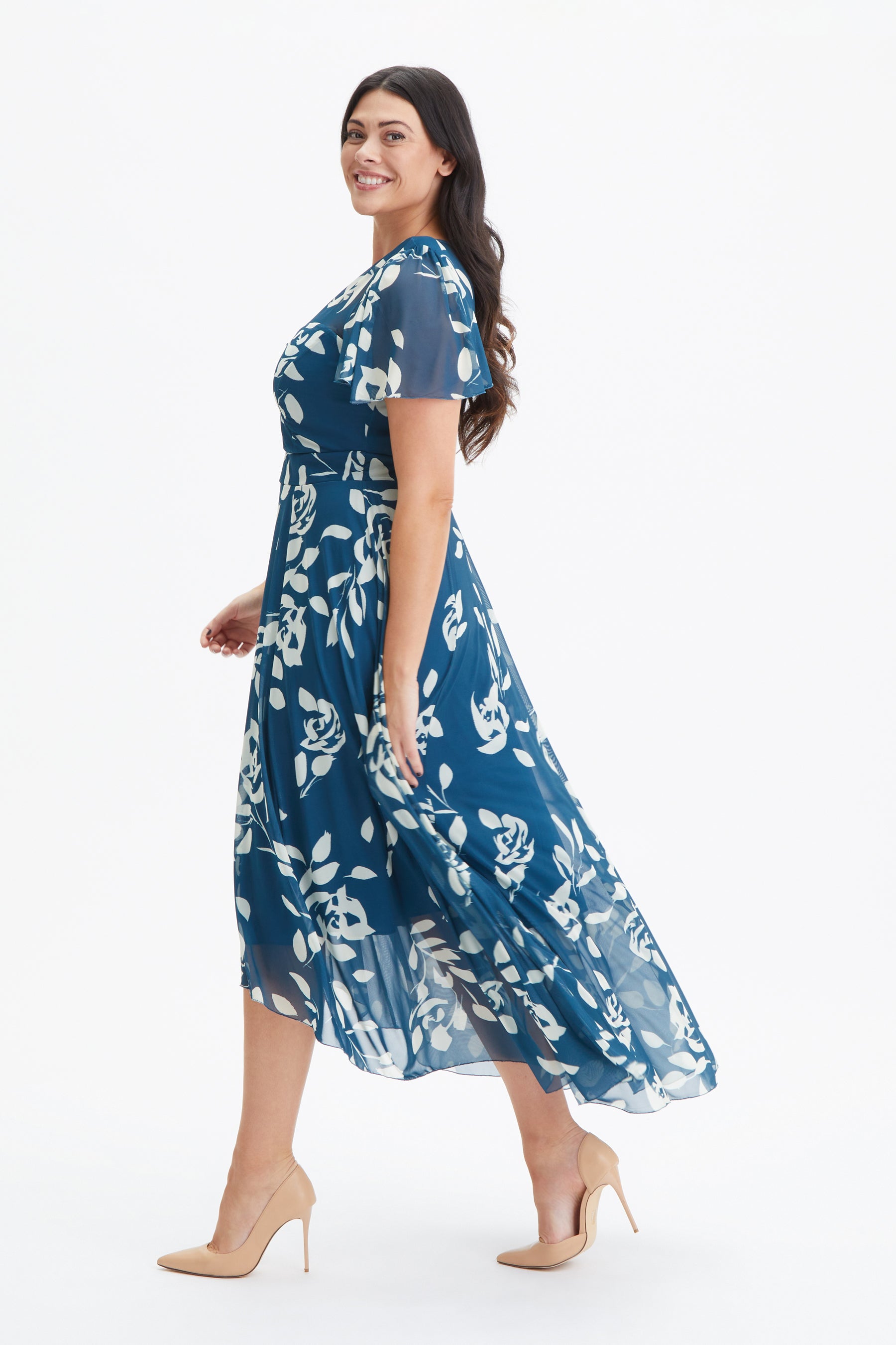 Tilly Teal Ivory Print Angel Sleeve Sweetheart Dress – Scarlett & Jo