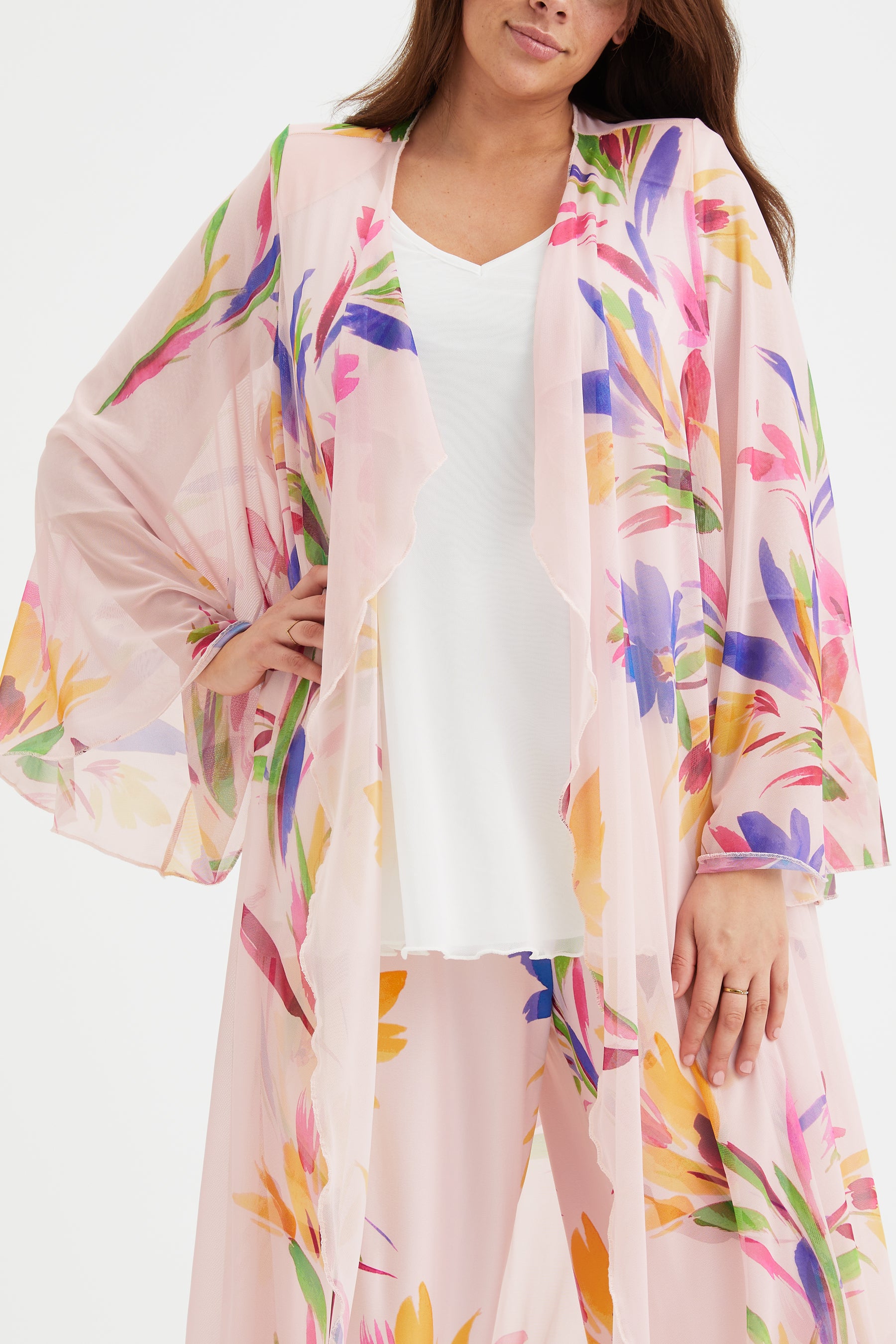 Peach Pink Waterfall Long Mesh Kimono – Scarlett & Jo