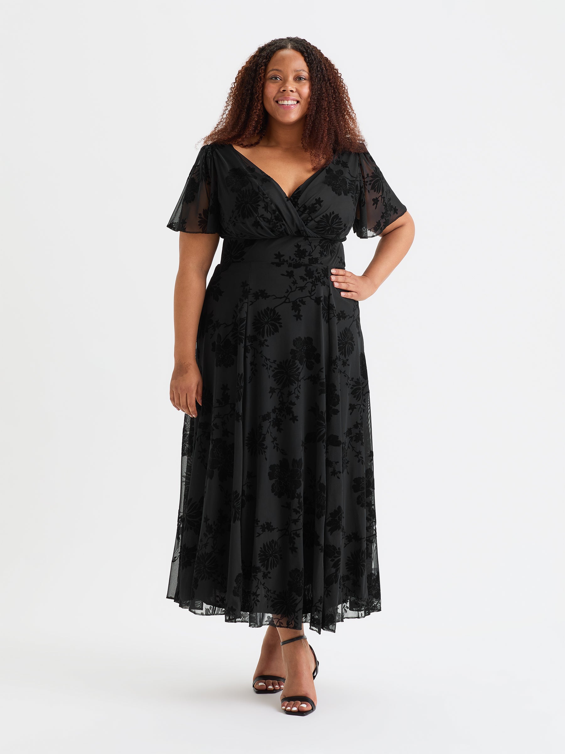 Isabelle Black Chinoise Velvet Flock Angel Sleeve Maxi Dress – Scarlett ...