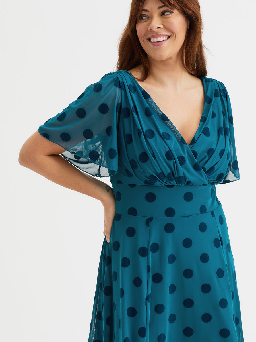 Victoria Teal Velvet Flock Angel Sleeve Mesh Long Midi Dress – Scarlett ...