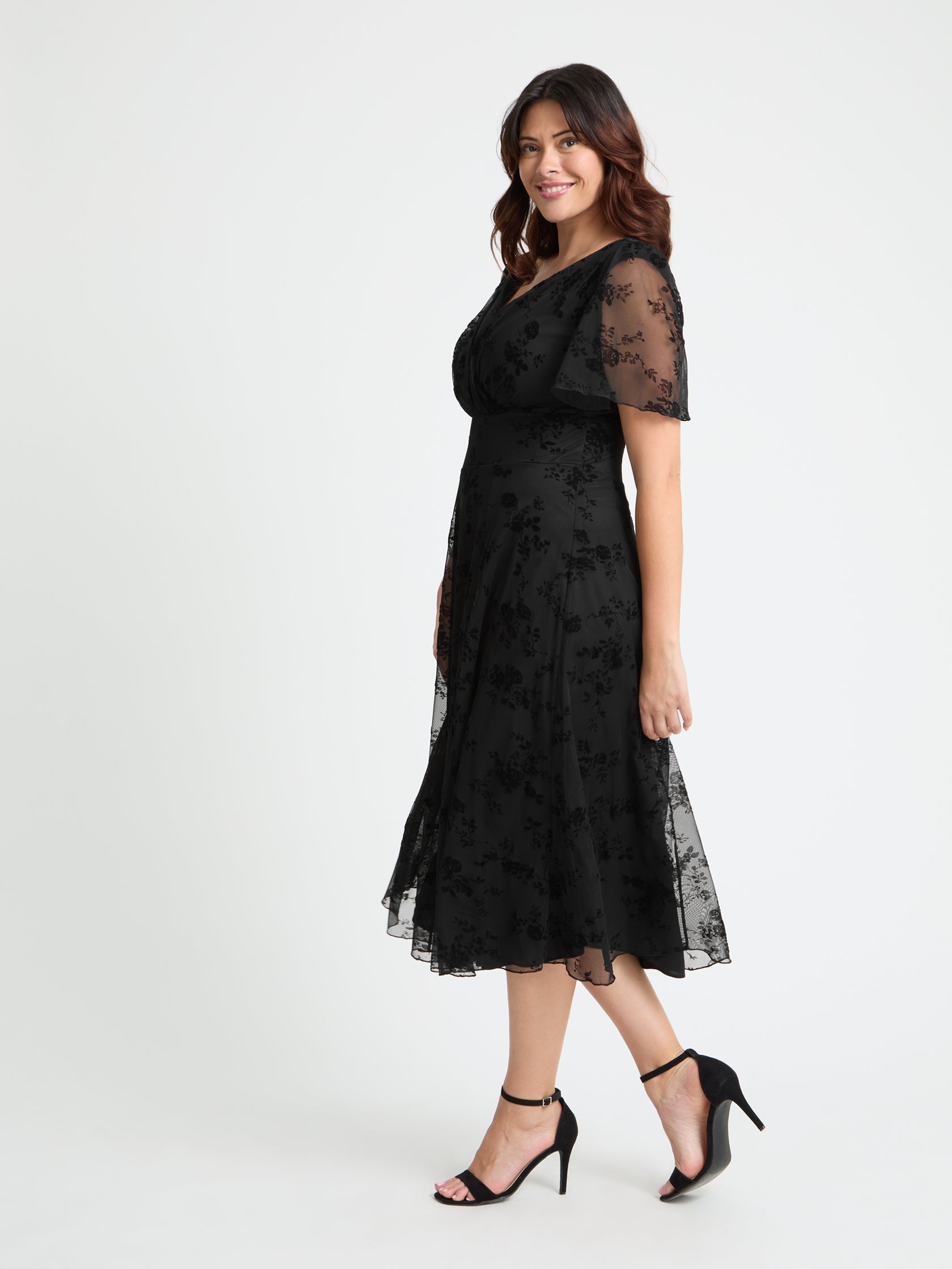 Victoria Black Flower Velvet Flock Angel Sleeve Mesh Long Midi Dress ...