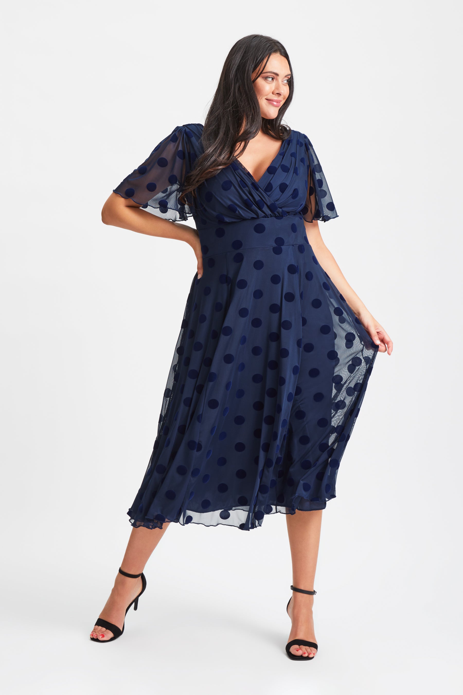 Victoria Dark Navy Velvet Flock Angel Sleeve Mesh Long Midi Dress ...