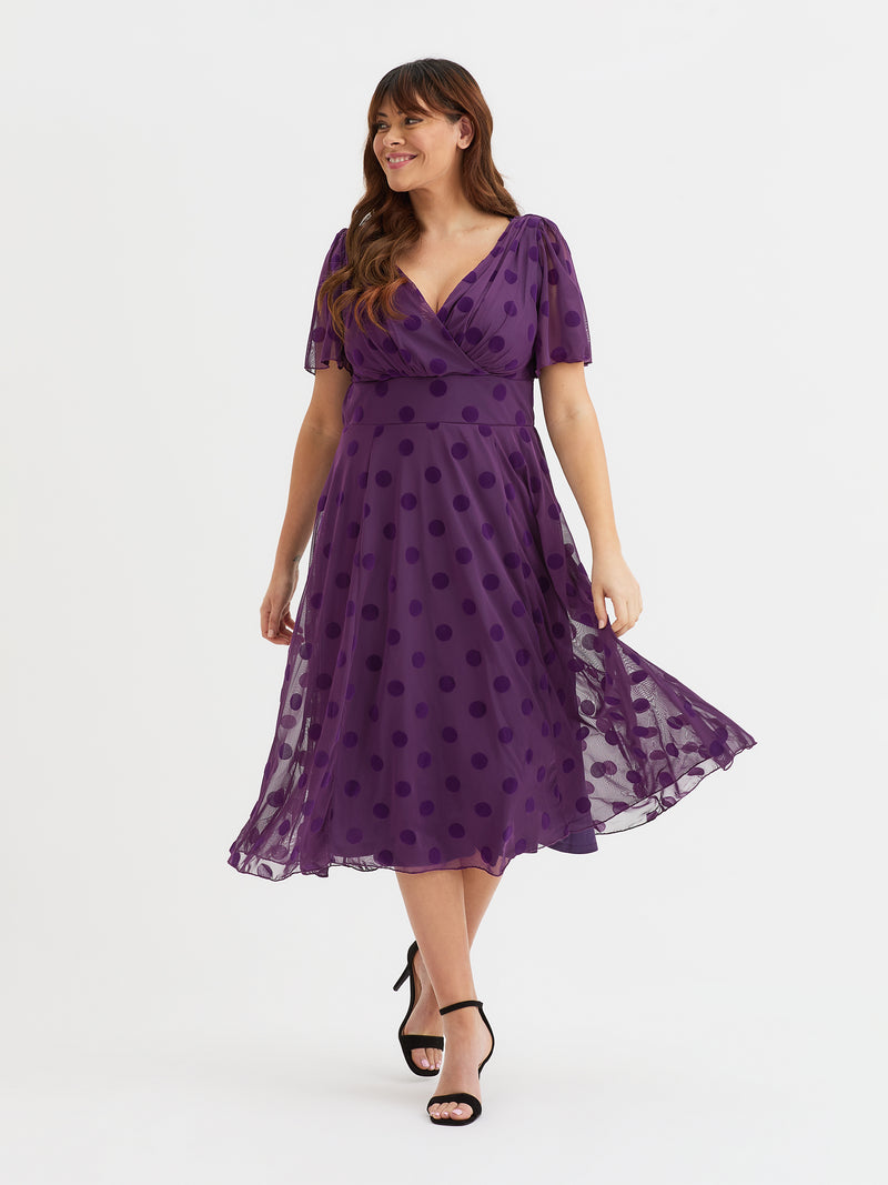Victoria Purple Velvet Flock Angel Sleeve Mesh Long Midi Dress ...