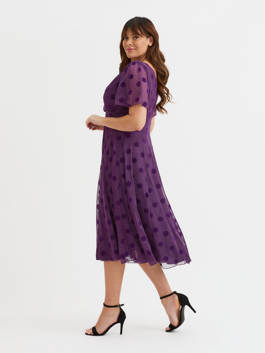 Victoria Purple Velvet Flock Angel Sleeve Mesh Long Midi Dress ...