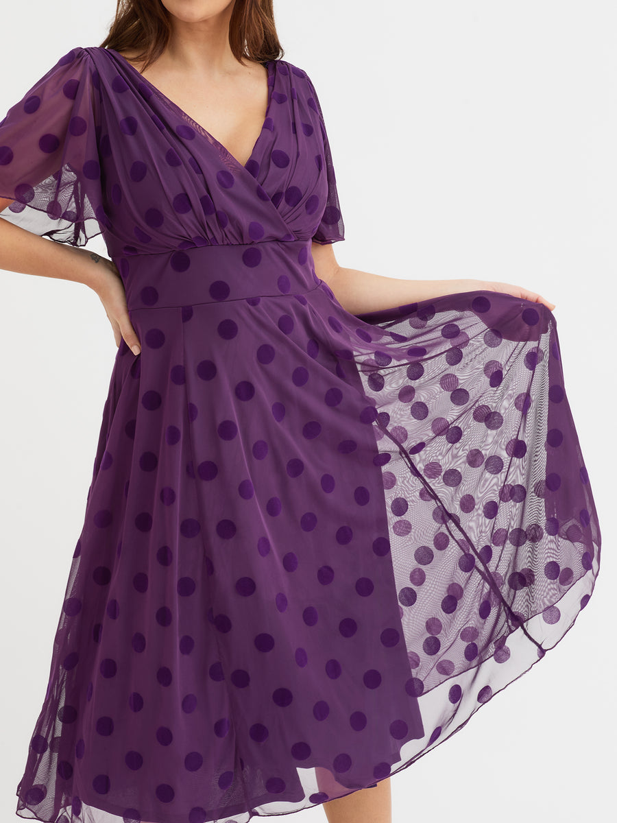 Victoria Purple Velvet Flock Angel Sleeve Mesh Long Midi Dress ...