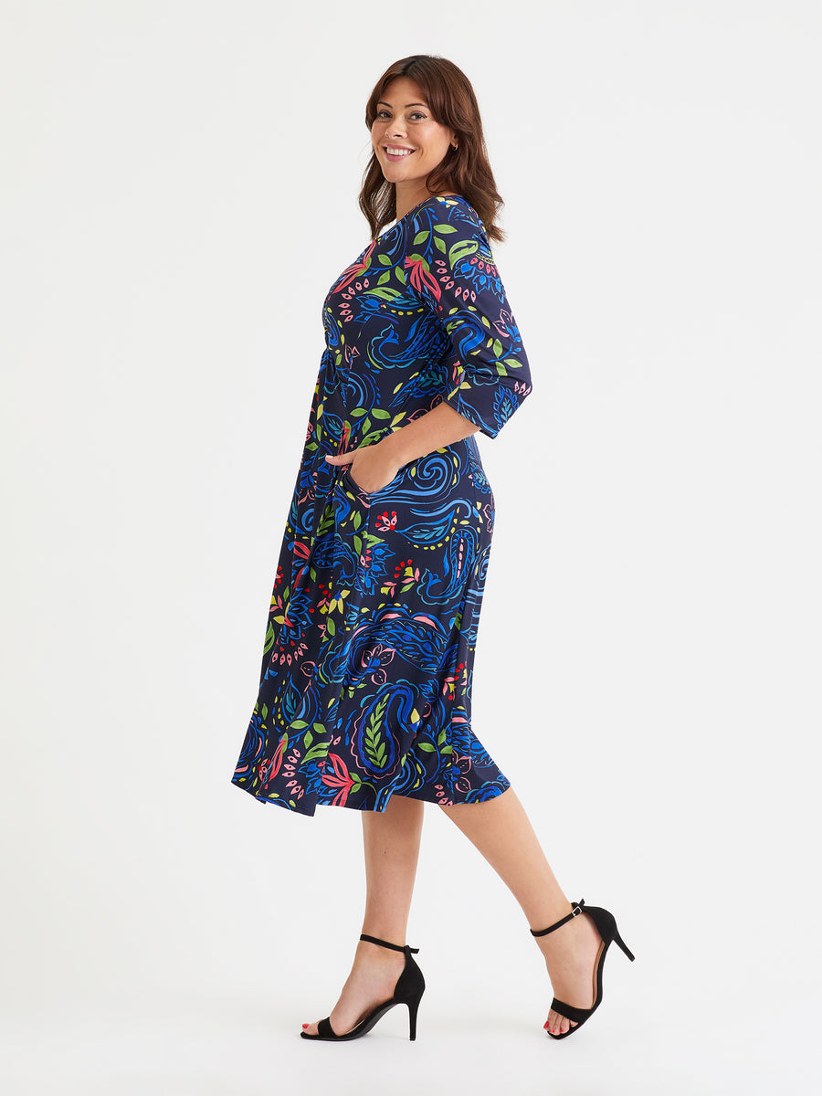 Claudia Navy Blue Yellow Peach Touch Jersey Knot Front Dress – Scarlett ...