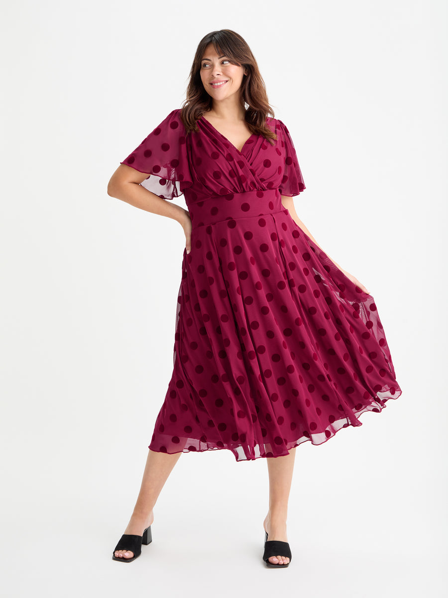 Victoria Wine Velvet Flock Angel Sleeve Mesh Long Midi Dress – Scarlett ...