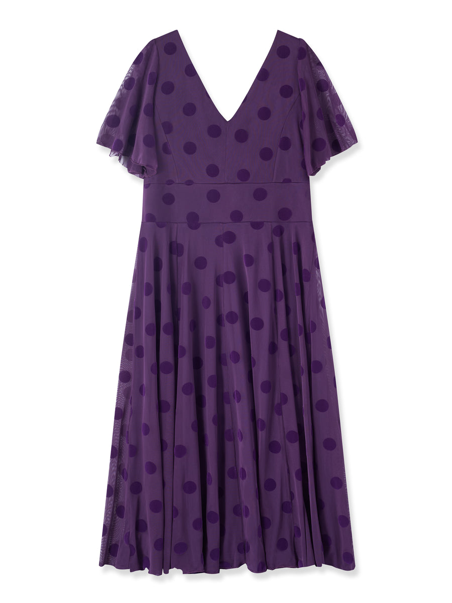 Victoria Purple Velvet Flock Angel Sleeve Mesh Long Midi Dress ...