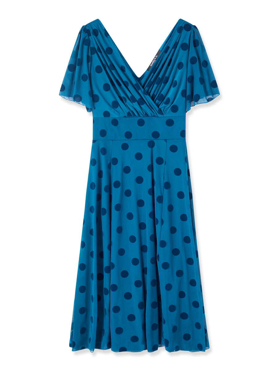 Victoria Teal Velvet Flock Angel Sleeve Mesh Long Midi Dress – Scarlett ...