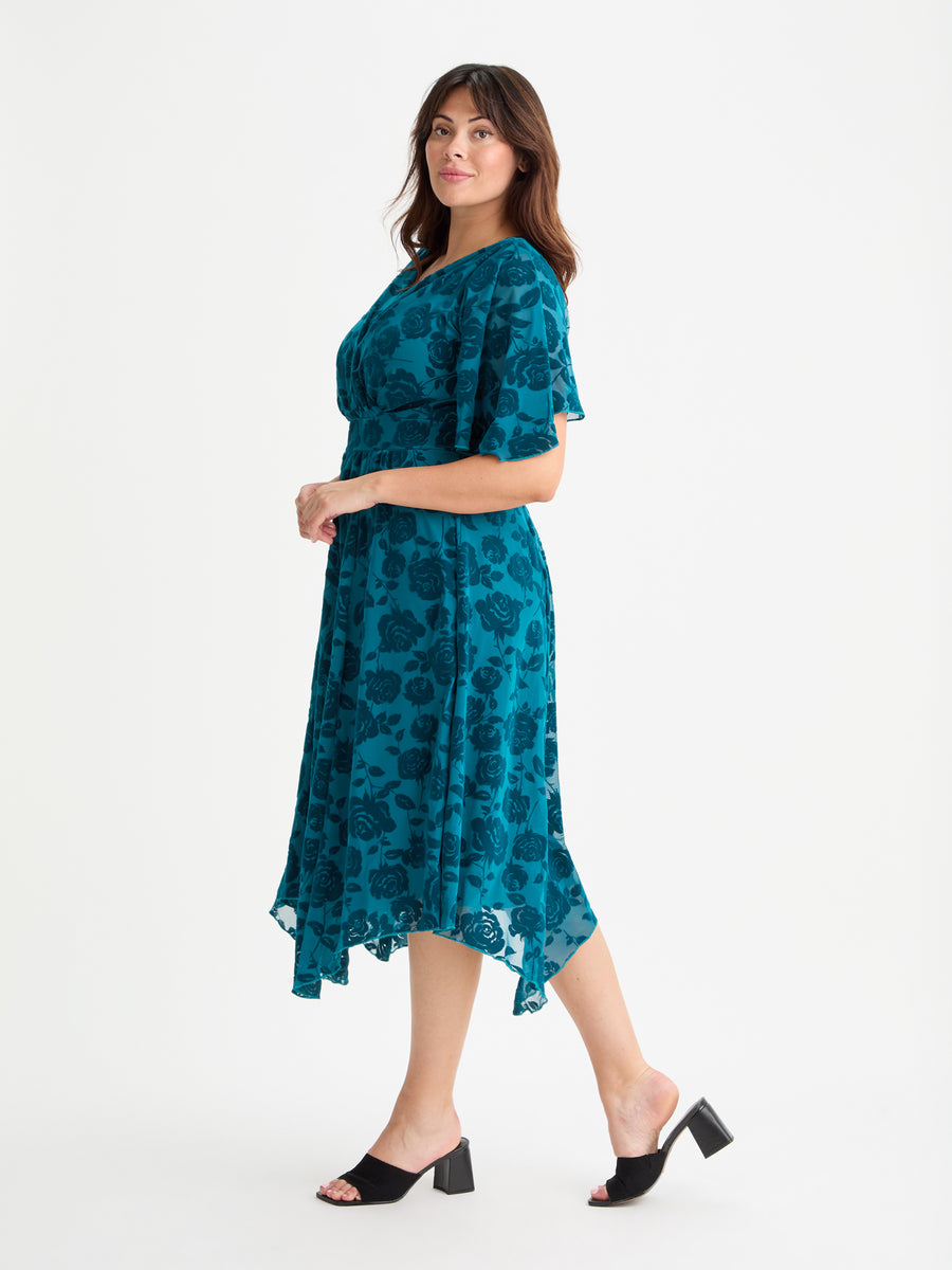Julie Teal Velvet Flock Hanky Hem Dress – Scarlett & Jo