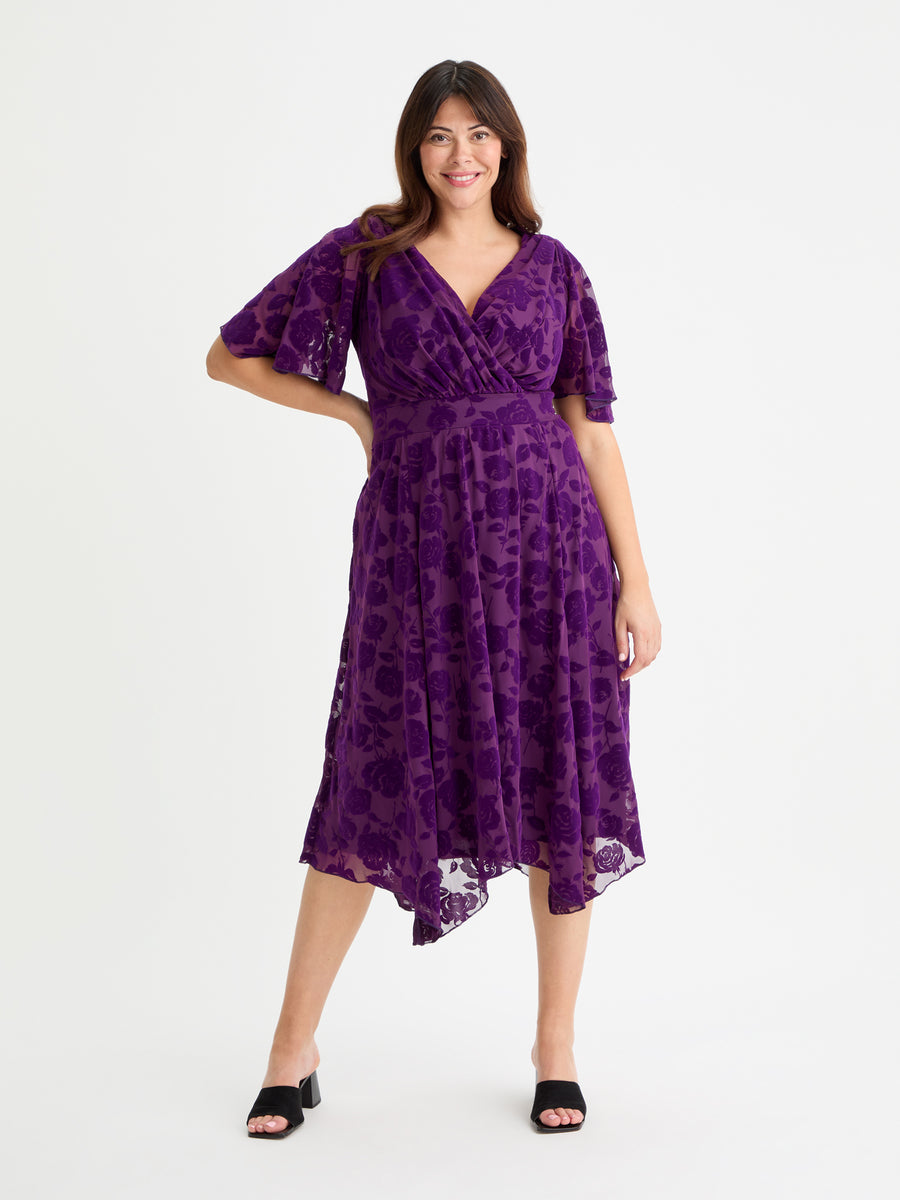 Julie Purple Velvet Flock Hanky Hem Dress – Scarlett & Jo