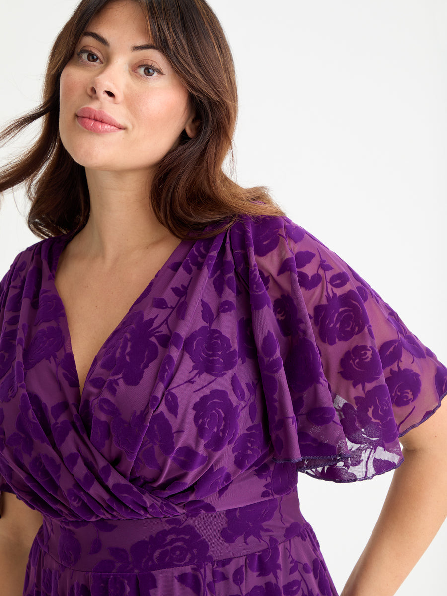 Julie Purple Velvet Flock Hanky Hem Dress – Scarlett & Jo