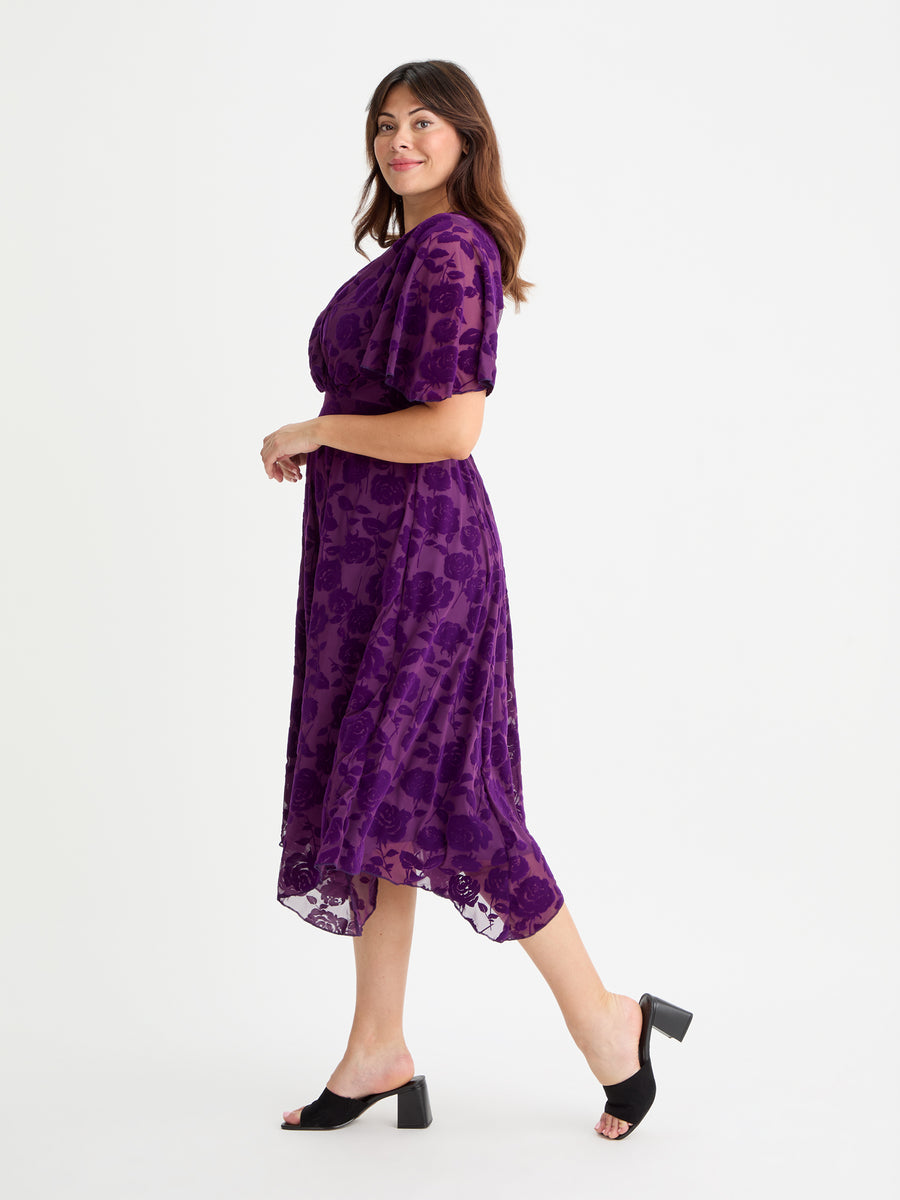 Julie Purple Velvet Flock Hanky Hem Dress – Scarlett & Jo