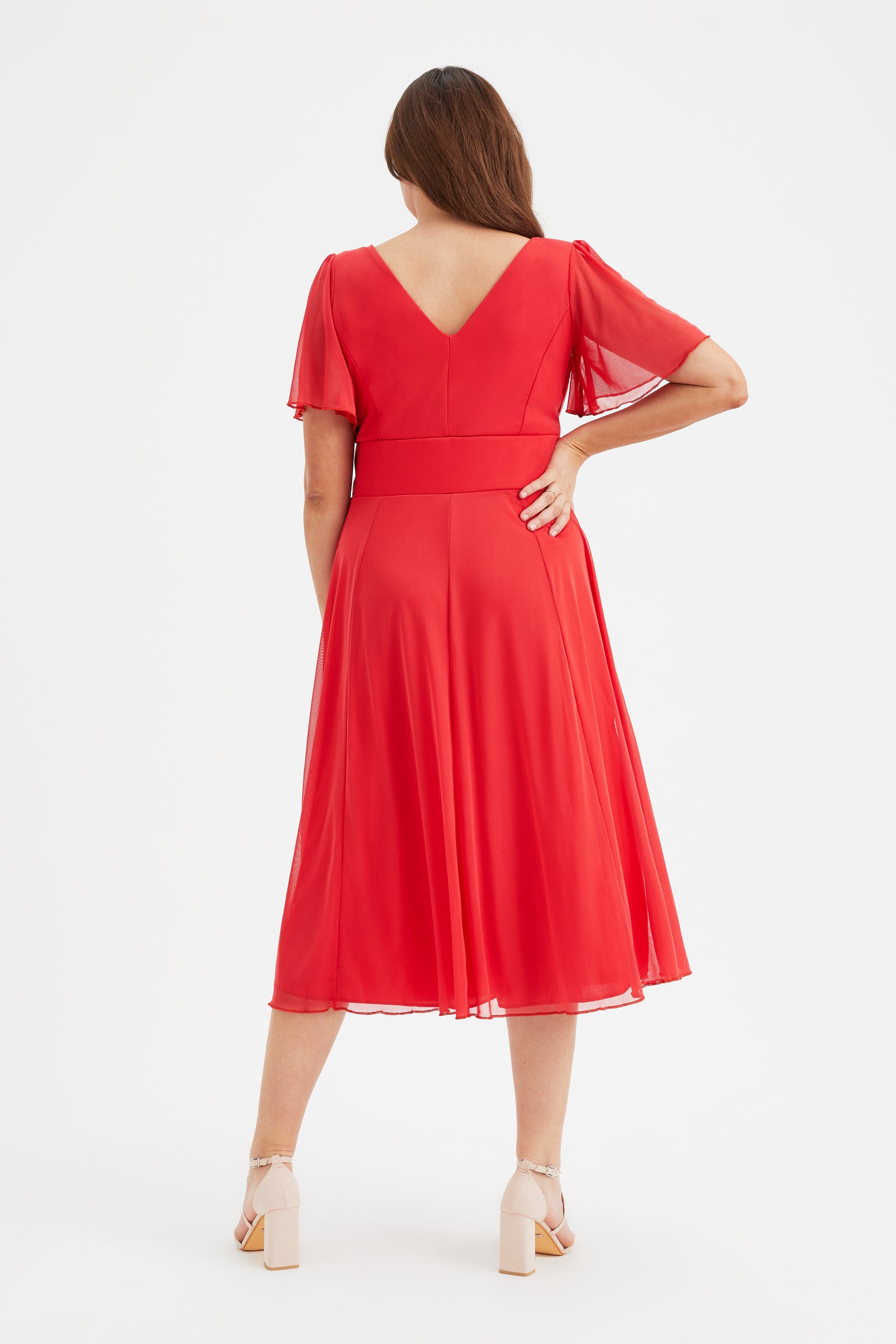 Victoria Solid Scarlet Red Angel Sleeve Mesh Midi Dress – Scarlett & Jo