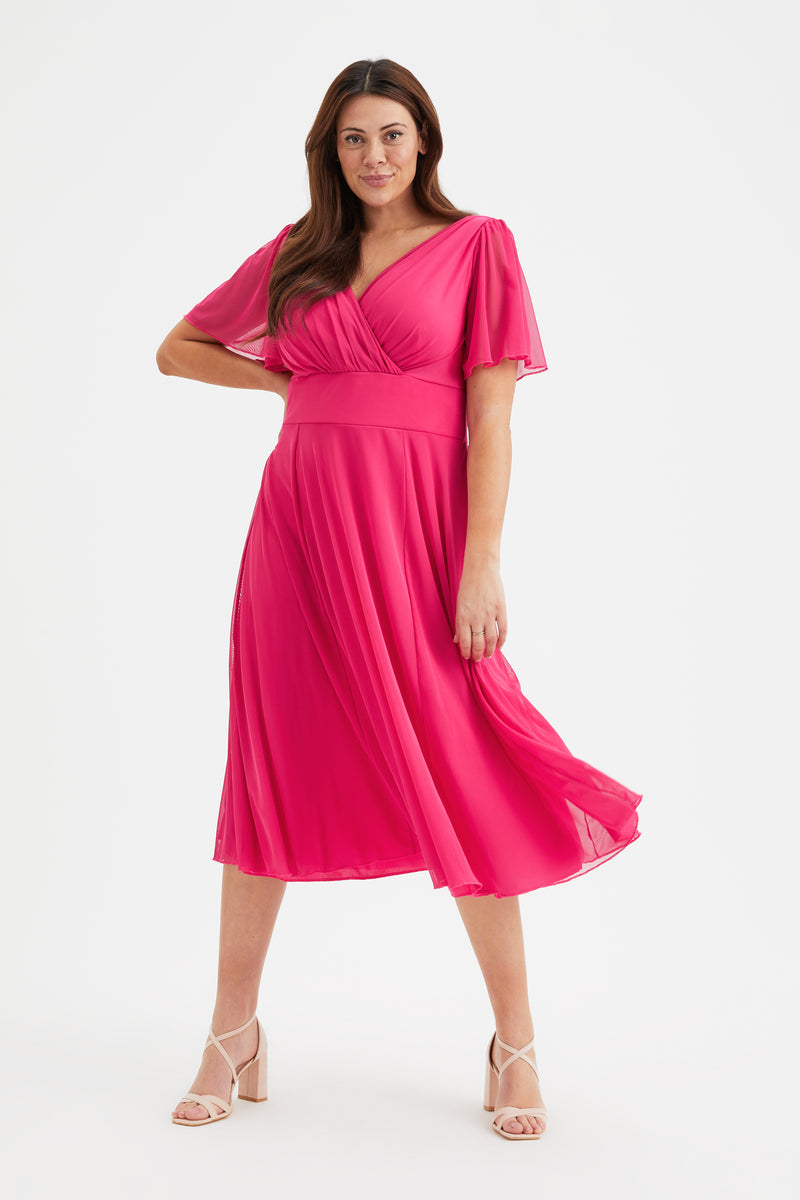Victoria Solid Cerise Angel Sleeve Mesh Midi Dress – Scarlett & Jo