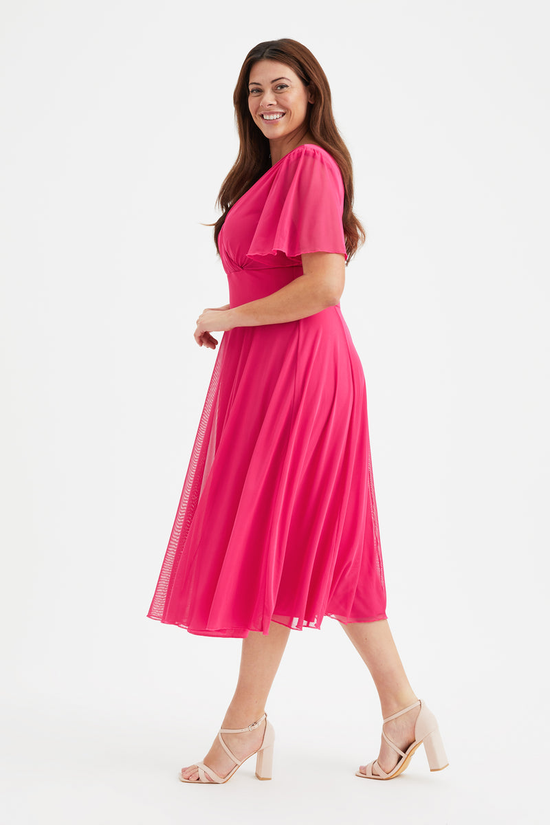 Victoria Solid Cerise Angel Sleeve Mesh Midi Dress – Scarlett & Jo