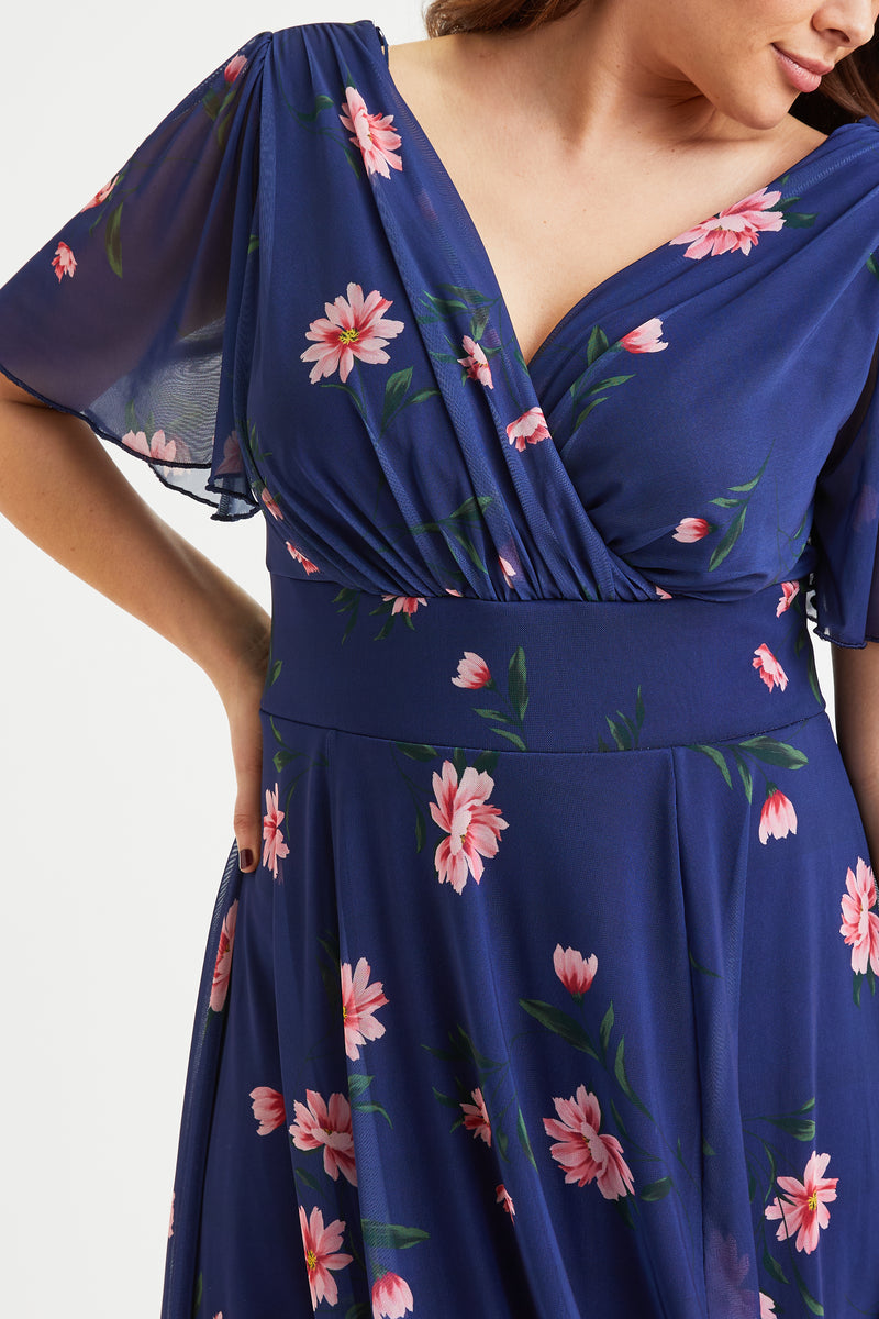 Victoria Navy Pink Flower Angel Sleeve Mesh Long Midi Dress – Scarlett & Jo