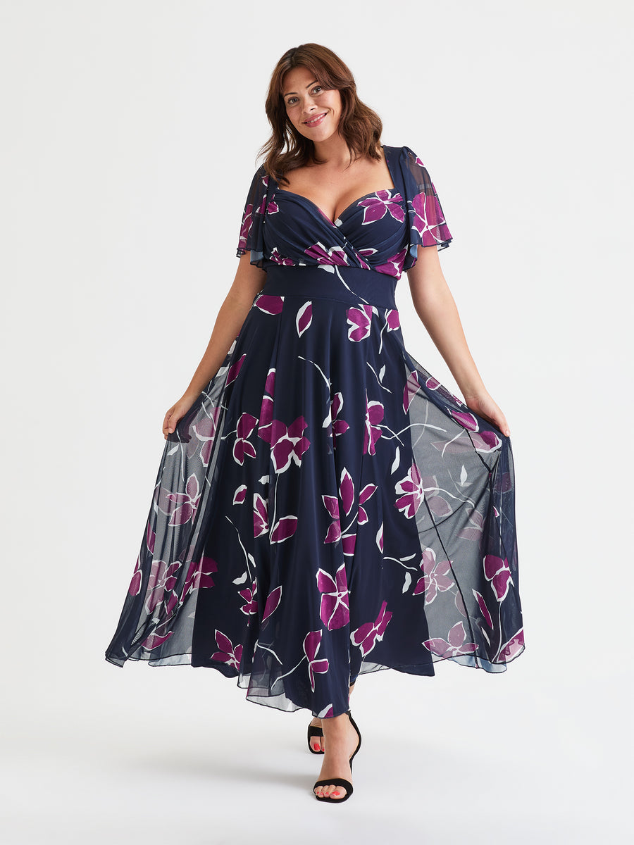 Kemi Navy Magenta Print Bolero Wrap Bodice Maxi Gown – Scarlett & Jo