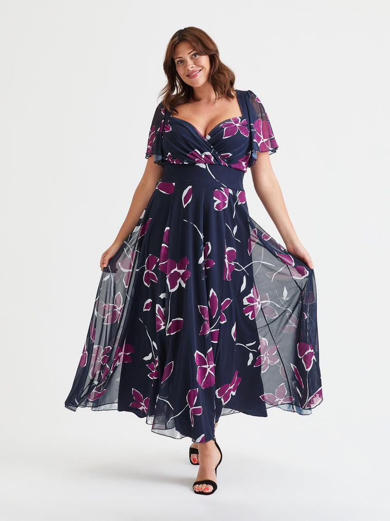 Kemi Navy Magenta Print Bolero Wrap Bodice Maxi Gown – Scarlett & Jo