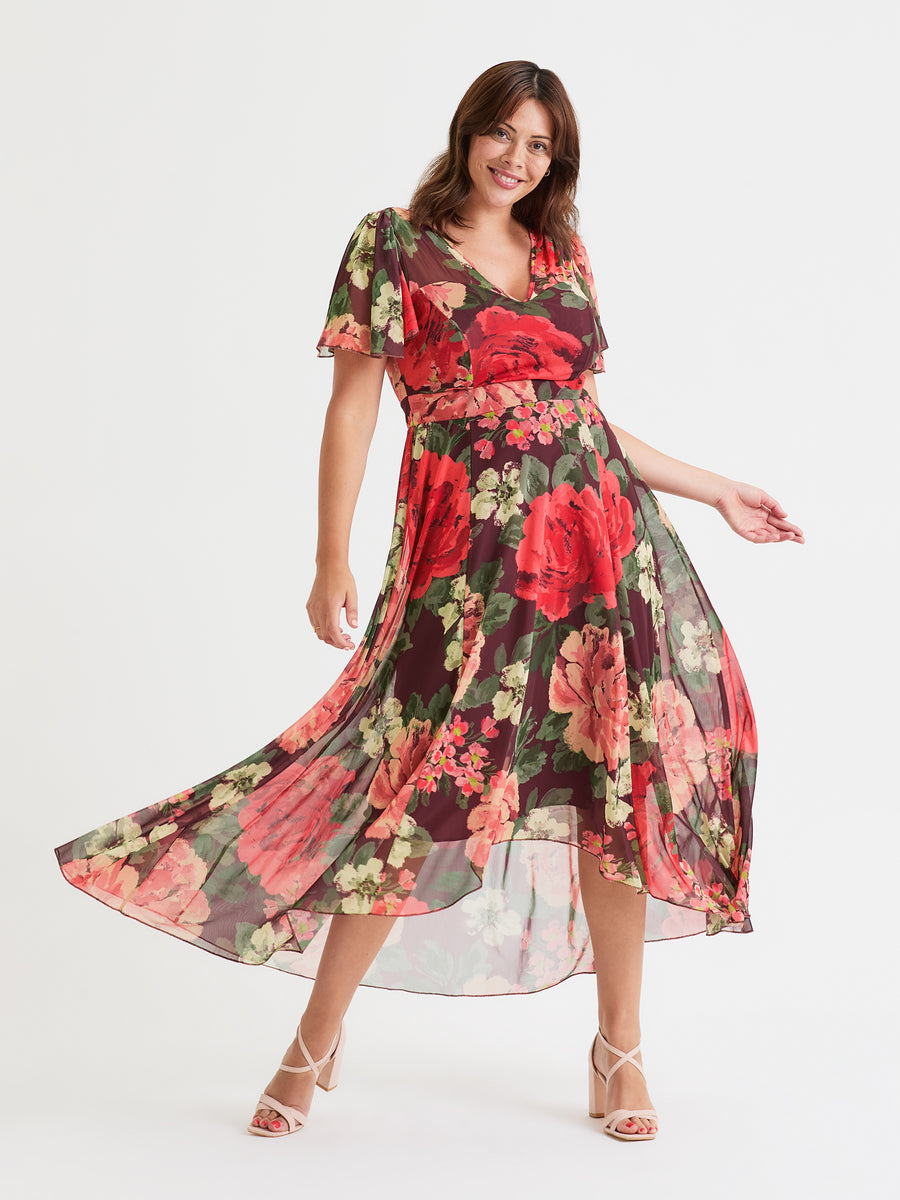 Tilly Wine Rose Print Angel Sleeve Sweetheart Dress – Scarlett & Jo
