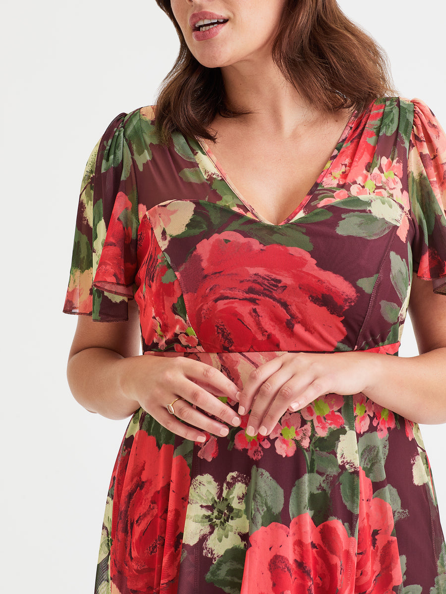 Tilly Wine Rose Print Angel Sleeve Sweetheart Dress – Scarlett & Jo