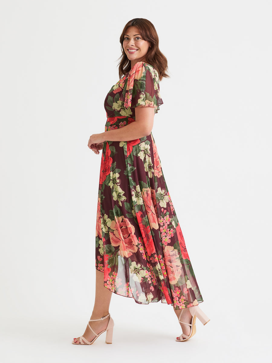 Tilly Wine Rose Print Angel Sleeve Sweetheart Dress – Scarlett & Jo