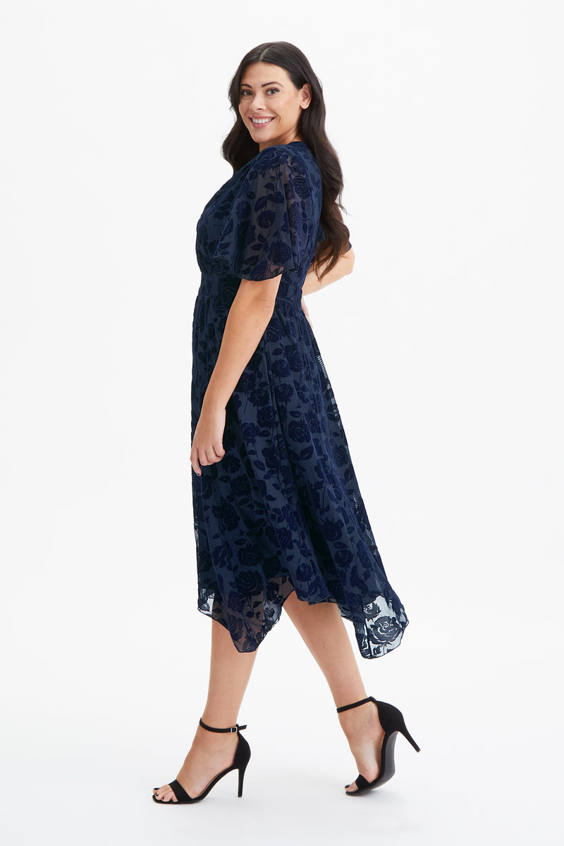 Julie Dark Navy Velvet Flock Hanky Hem Dress – Scarlett & Jo