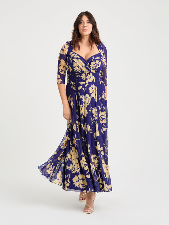 Elizabeth Vintage Indigo Cream Print Mesh Bolero Wrap Bodice Maxi Gown ...
