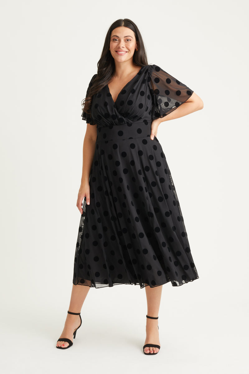 Victoria Black Velvet Flock Angel Sleeve Mesh Long Midi Dress ...