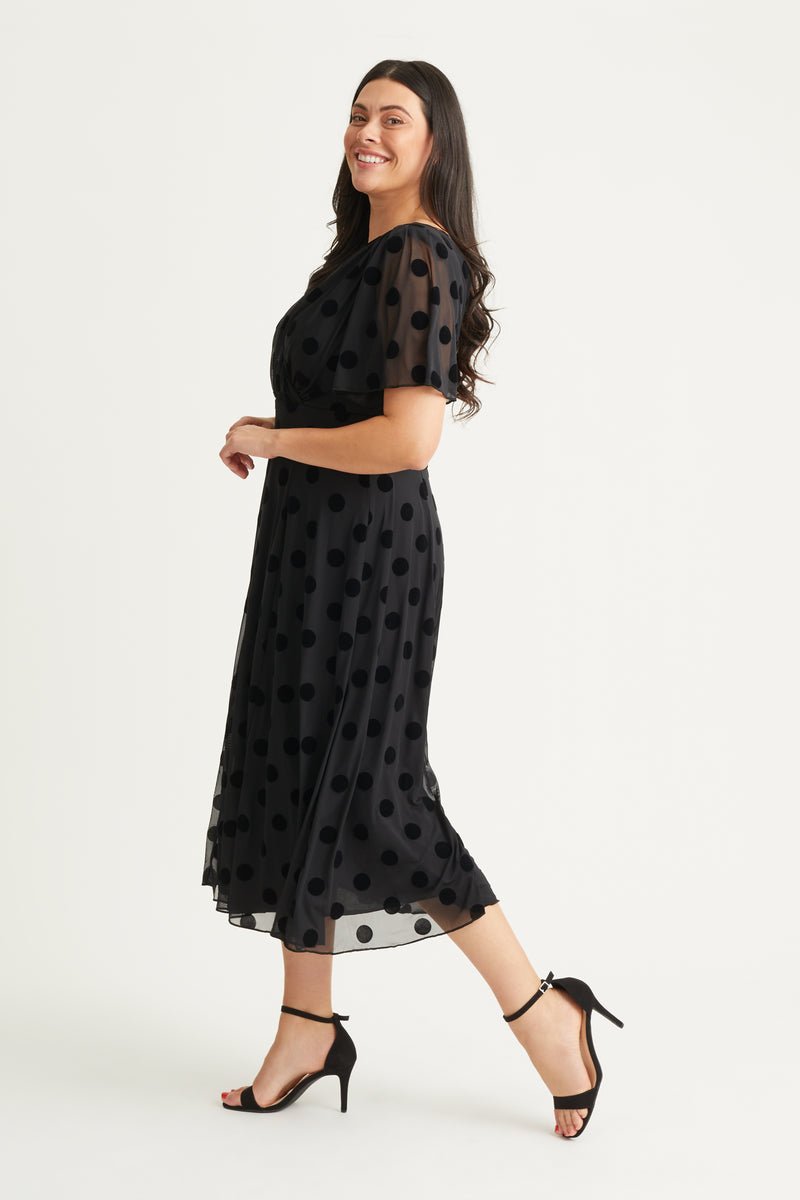Victoria Black Velvet Flock Angel Sleeve Mesh Long Midi Dress ...