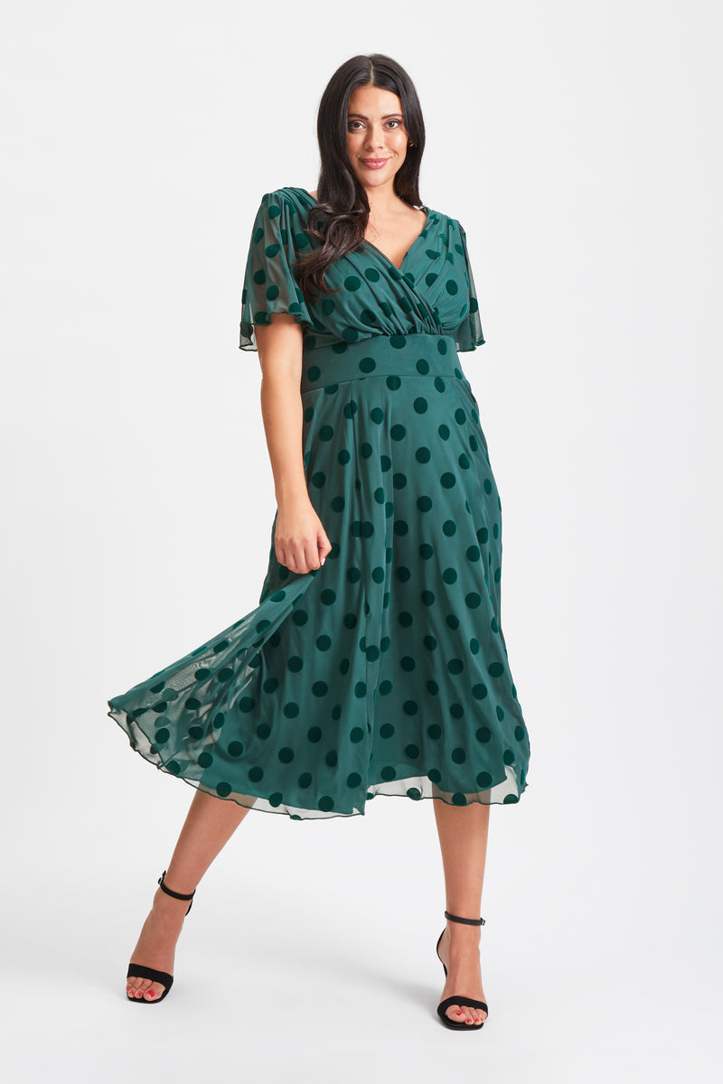 Victoria Dark Green Velvet Flock Angel Sleeve Mesh Long Midi Dress ...
