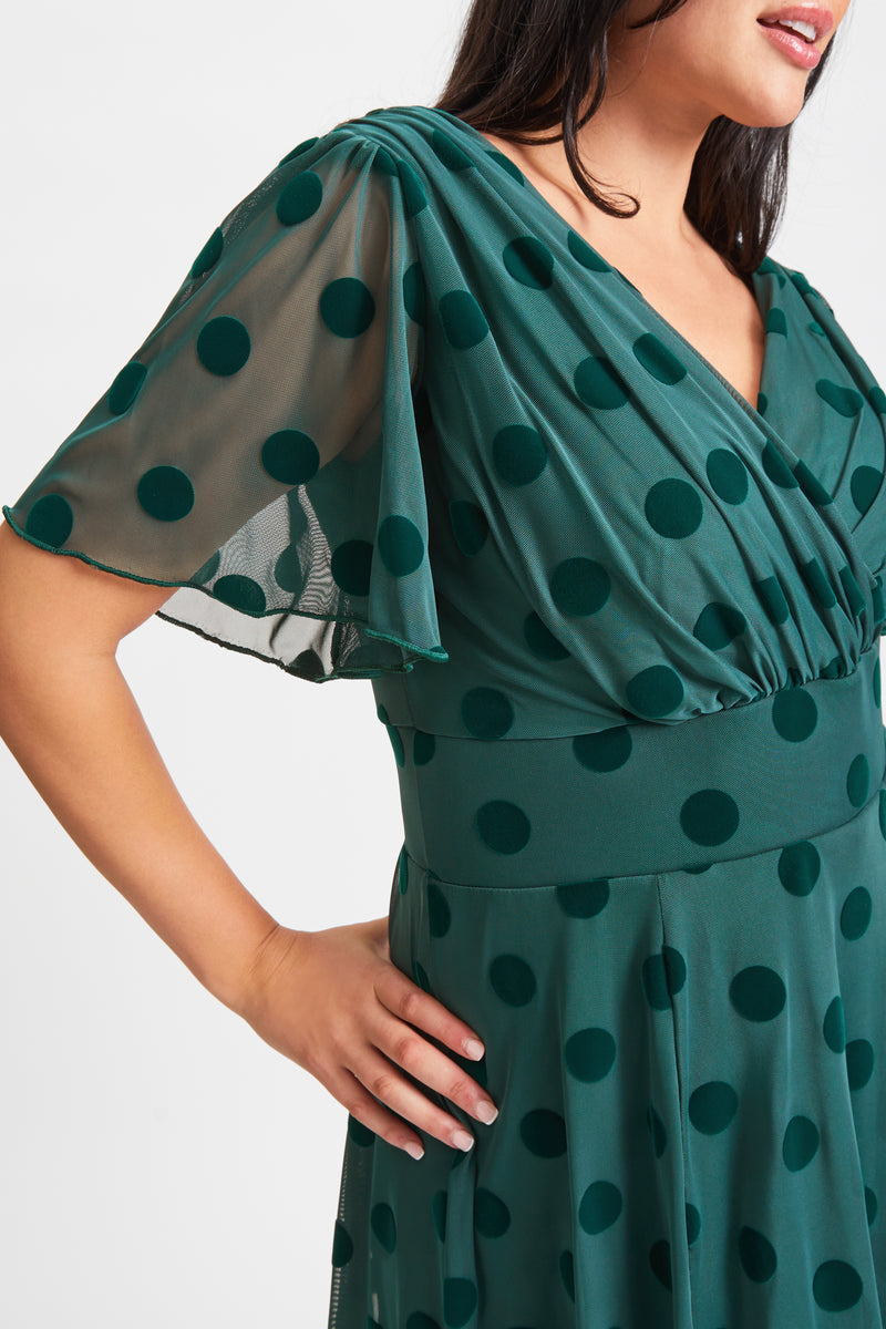 Victoria Dark Green Velvet Flock Angel Sleeve Mesh Long Midi Dress ...