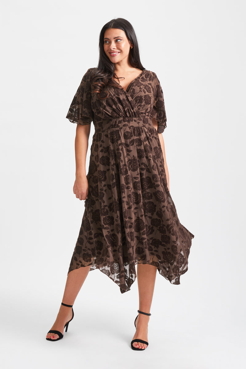 Julie Chocolate Velvet Flock Hanky Hem Dress – Scarlett & Jo