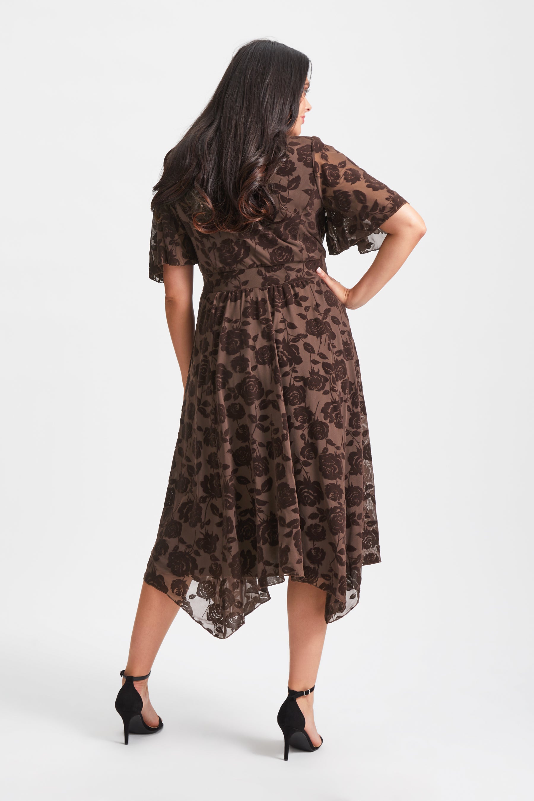 Julie Chocolate Velvet Flock Hanky Hem Dress – Scarlett & Jo