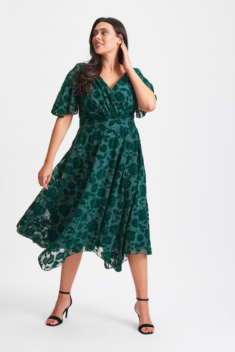 Julie Dark Green Velvet Flock Hanky Hem Dress – Scarlett & Jo