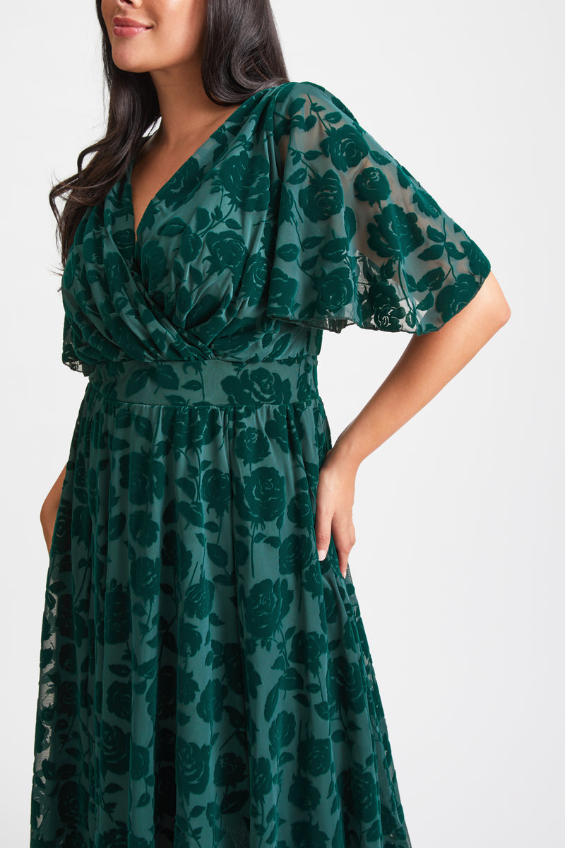 Julie Dark Green Velvet Flock Hanky Hem Dress – Scarlett & Jo