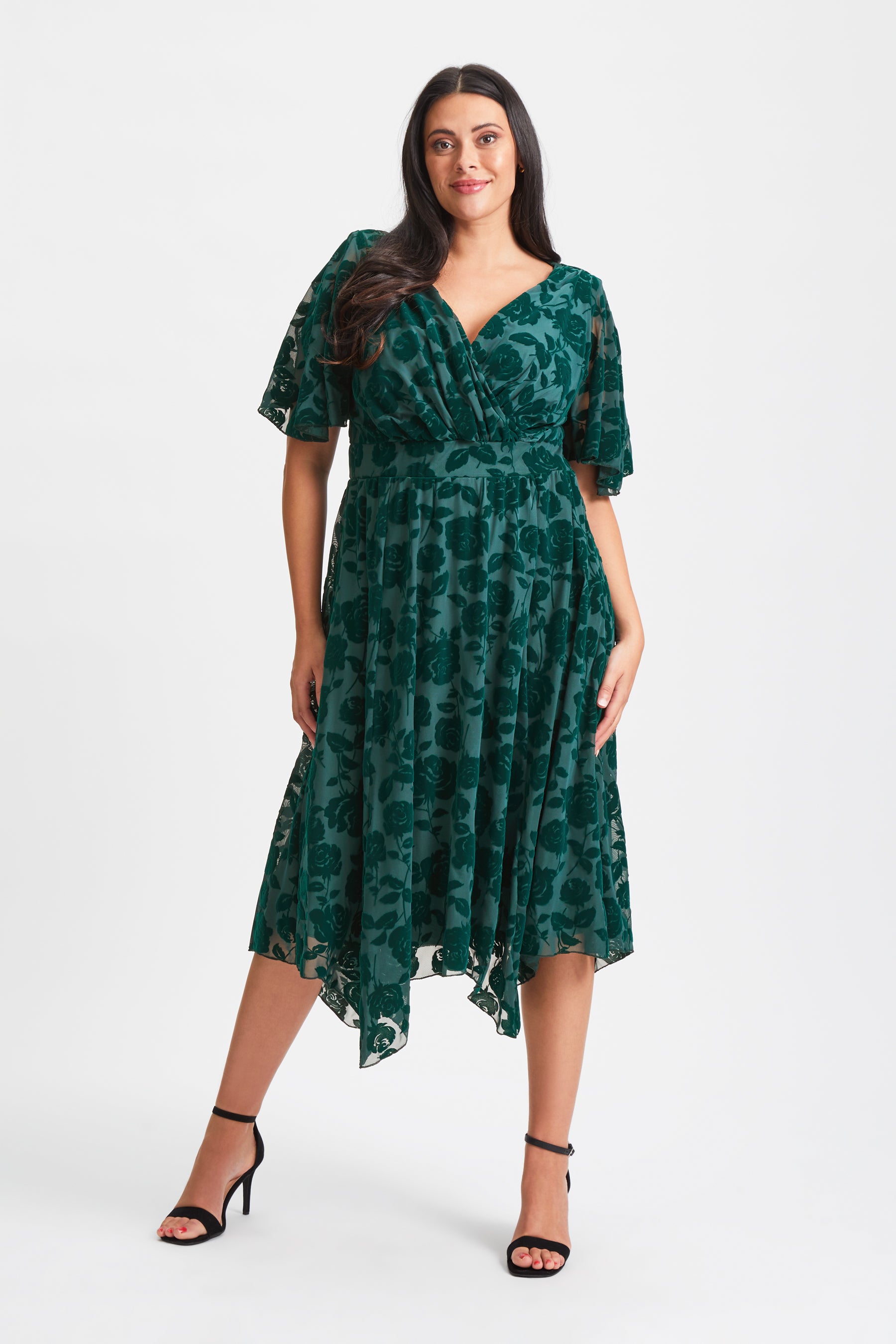 Julie Dark Green Velvet Flock Hanky Hem Dress – Scarlett & Jo