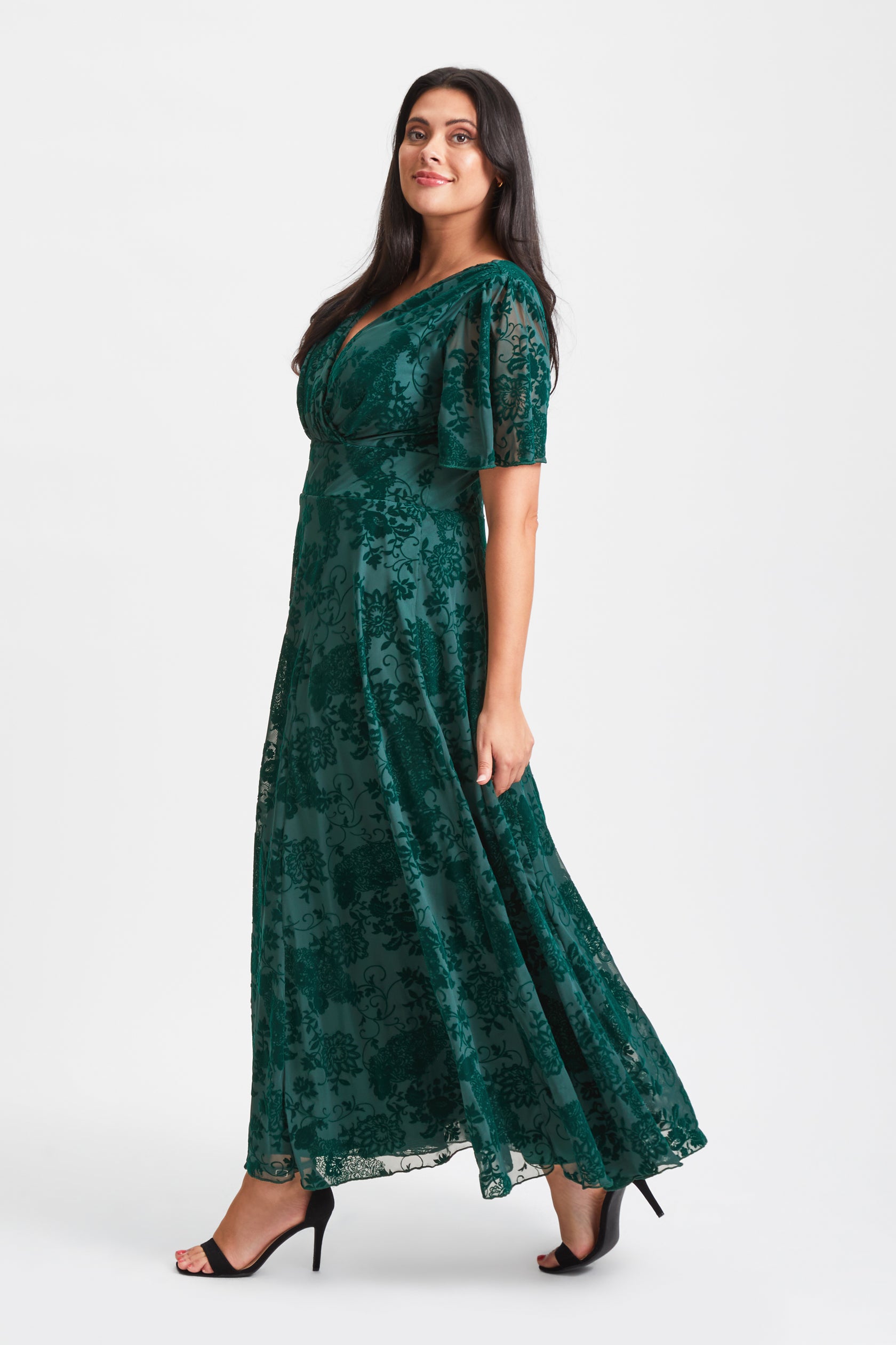 Isabelle Dark Green Velvet Flock Angel Sleeve Maxi Dress – Scarlett & Jo