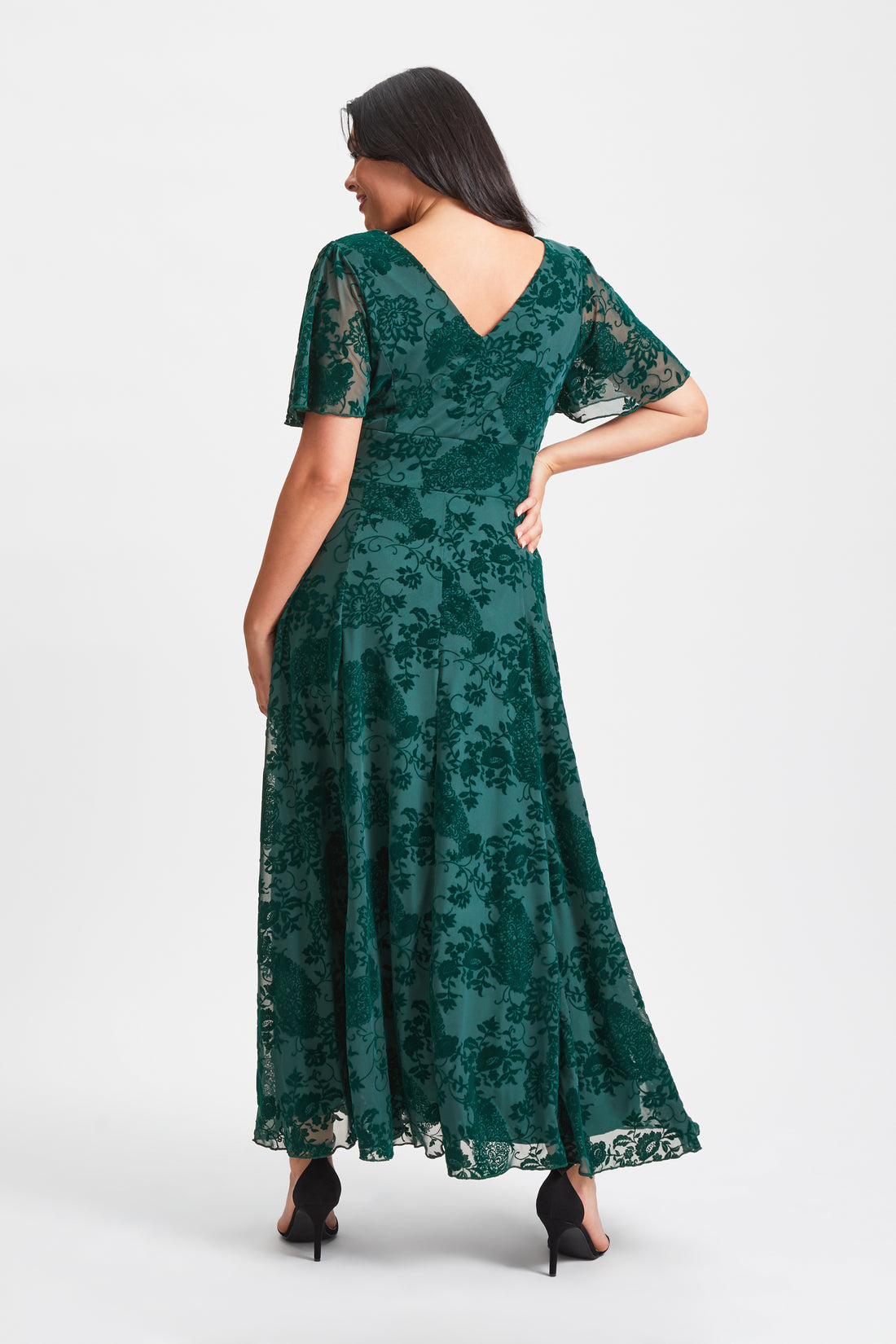 Isabelle Dark Green Velvet Flock Angel Sleeve Maxi Dress – Scarlett & Jo