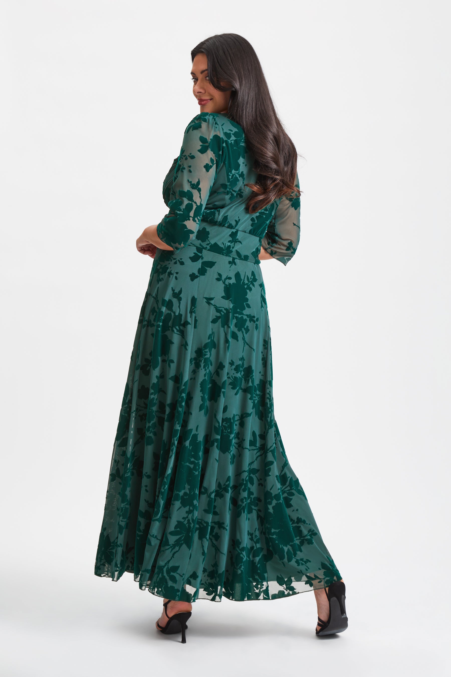 Elizabeth Dark Green Flocked Mesh Maxi Gown – Scarlett & Jo