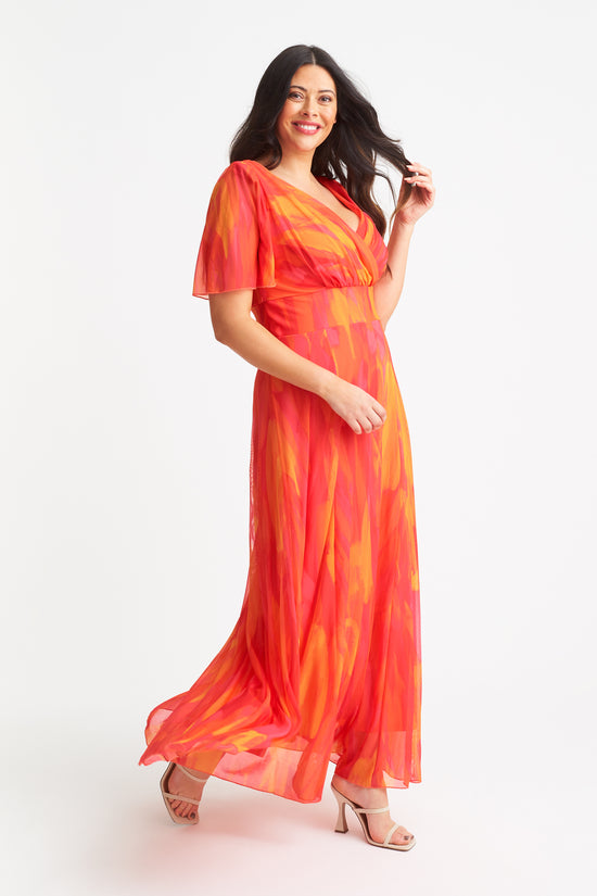 Petite Isabelle Orange Pink Yellow Print Float Sleeve Maxi Dress ...