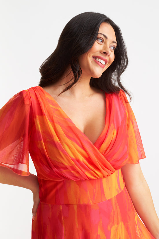 Petite Isabelle Orange Pink Yellow Print Float Sleeve Maxi Dress ...