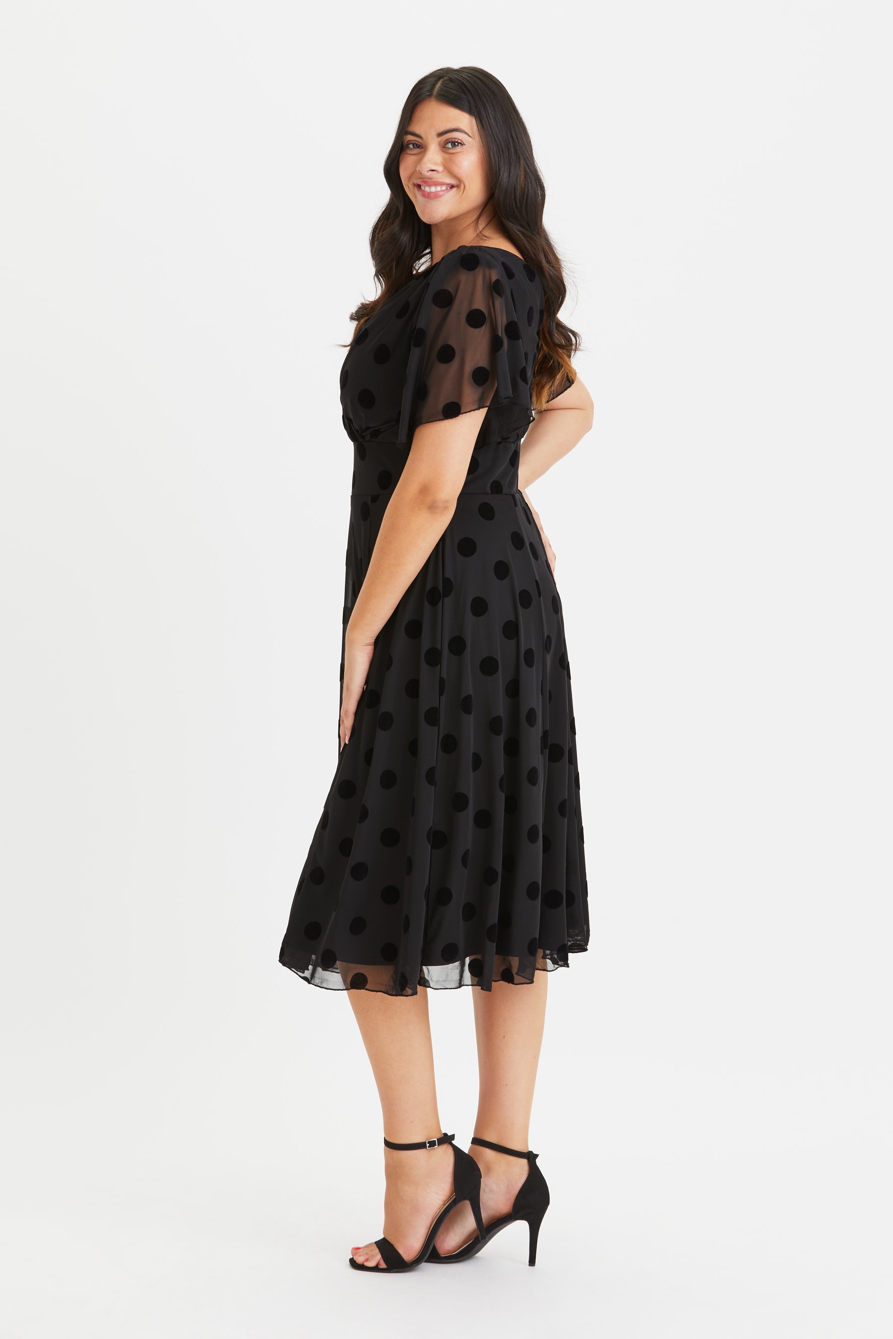 Victoria Black Velvet Flock Angel Sleeve Mesh Midi Dress – Scarlett & Jo