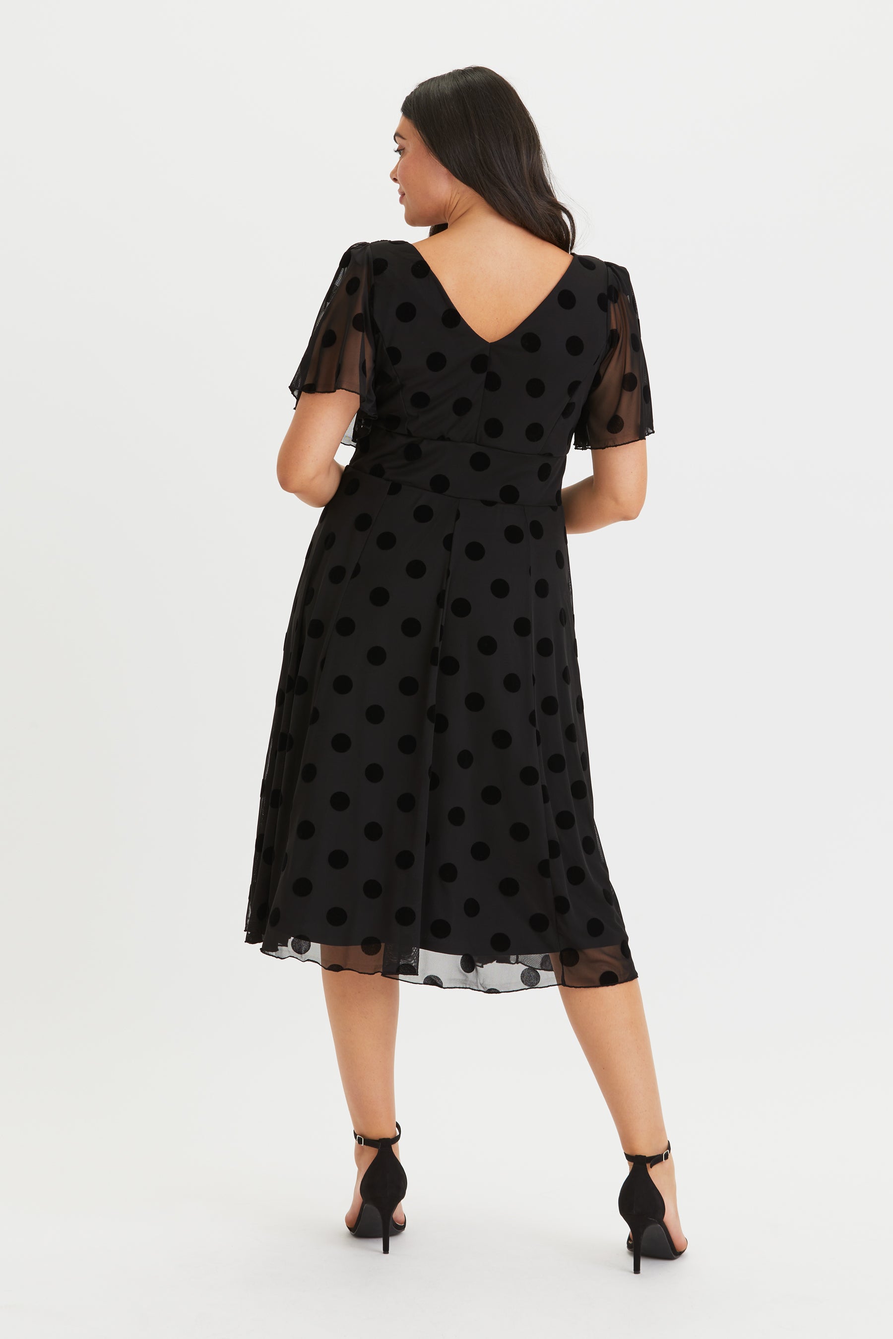 Victoria Black Velvet Flock Angel Sleeve Mesh Midi Dress – Scarlett & Jo